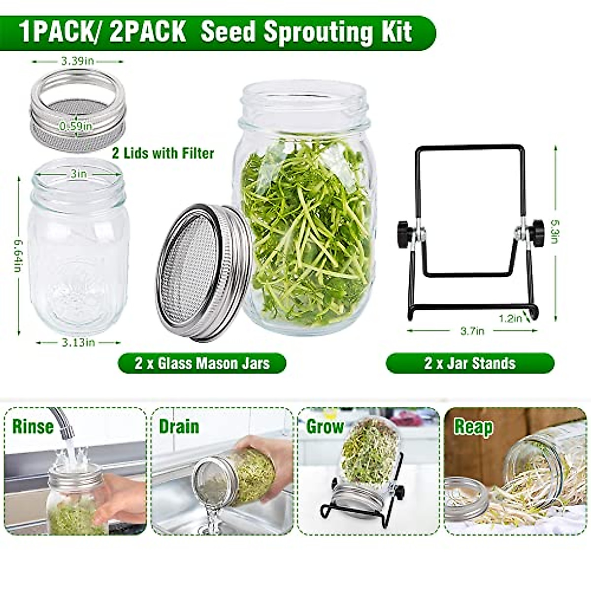 Seeds Sprouting Kit, 2-Pack Mason Jar Germination Growing Kit with Stainless Steel Mesh Lids and Stands, Wide Mouth Jars Germinator, Indoor Seed Sprouter Set for Broccoli Beans Microgreens Sprouts