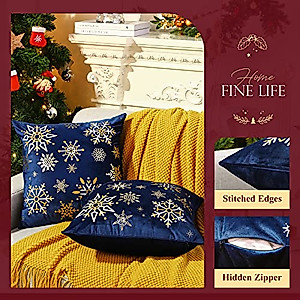Lewondr Christmas Throw Pillow Covers, Snowflake Embroidery Hot Stamping Pattern Pillowcases Home Xmas Decorative Cushion Covers Soft for Sofa Bed Chair, 2 Pack, Navy Blue