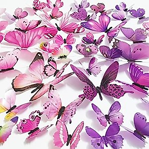 Ewong Butterfly Wall Decals 48PCS 3D Butterflies Decor Removable Mural Sticker Wall Art Home Decoration Kid Girl Bedroom Bathroom Baby Room Nursery Classroom Office Party (Pink Purple)