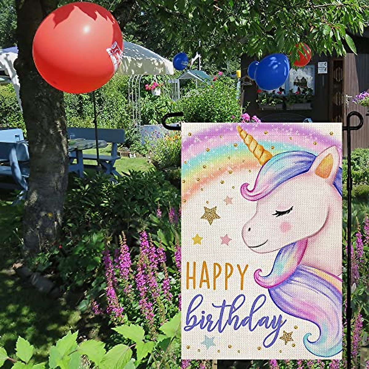 CROWNED BEAUTY Happy Birthday Garden Flag 12x18 Inch Double Sided Girl Unicorn Rainbow Outside Welcome Party Decoration Gift Yard Flag