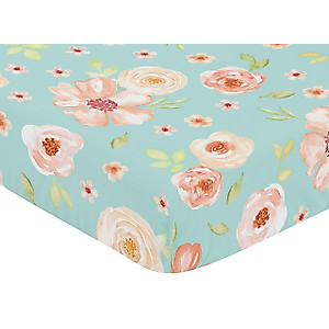 Sweet Jojo Designs Turquoise and Peach Baby or Toddler Fitted Crib Sheet for Watercolor Floral Collection - Pink Rose Flower