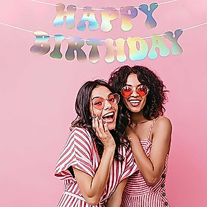Pre-Strung Happy Birthday Banner - NO DIY - Iridescent Birthday Party Banner - Pre-Strung Garland on 8 ft Strands - Holographic Shiny Foil Retro 70s Birthday Party Decorations. Did we Mention no DIY