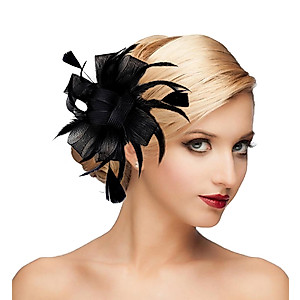 dressfan Womens Fascinator Hat Headpiece Vintage Wedding Mesh Feather Flower Hair Clip,20s 50s Headband Hair Accessories Headwear for Kentucky Derby/Wedding/Cocktail/Tea Party,Black
