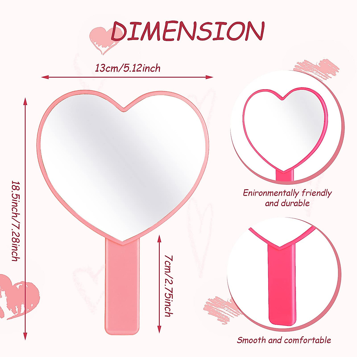 Yalikop 3 Pcs Heart Mirror Hand Held Mirror Valentines Day Gifts Cute Travel Makeup Plastic Heart Shaped with Handle Gifts for Women Her Birthday Party Favor Cosmetic