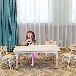 JONUTATO Toddler Table and Chair Set, Height-Adjustable Toddler Desk with 4 Seats, Kids Table and Chair Set for Girls & Boys Age 2-10, Scrub-Table Desktop Kids Study Table for Daycare, Brown