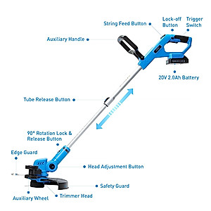 Weed Wacker Battery Powered, 20V Cordless String Trimmer & Edger, 12 Inch Weed Eater with 3 Spools, Edger Lawn Tool with 90 Degree Adjustable Head, with 2 x 2.0Ah Batteries and Fast Charger