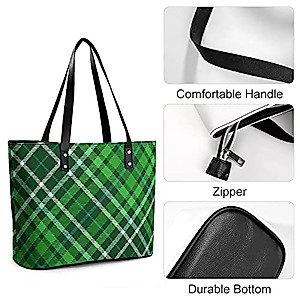 Womens Handbag Plaid Pattern Green Leather Tote Bag Top Handle Satchel Bags For Lady
