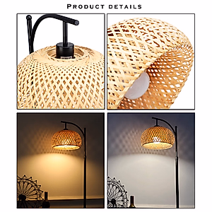 Bamboo Floor Lamp Rattan for Living Room,Bedroom,Farmhouse,Boho Standing Lamp with Control and Dimmable Bulb,Hand-Worked Woven Lamp Shades,Black Industrial Floor Light Adjustable Corner Tall Lamp