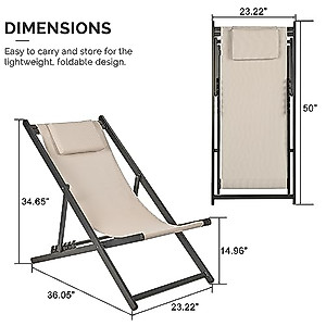 PURPLE LEAF Patio Sling Chairs Set of 2 Outdoor Portable Folding Beach Chairs Adjustable Reclining Chairs with Aluminum Frames and Cushioned Headrest, Beige