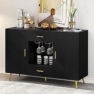 YITAHOME Sideboard Buffet, Buffet Cabinet Storage Credenza w/Adjustable Shelf, Wine Glass Holder, Drawers, Modern White & Gold Dresser 300 lbs Capacity for Living Room, Kitchen, Dining Room, Black