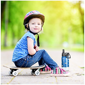 SEMOZOZO Water Bottle with Straw, Kids Water Bottle with Wide Rotating Handle Straw Lid, Wide Mouth Vacuum Insulated Stainless Steel Water Bottle for school ，The blue spaceship