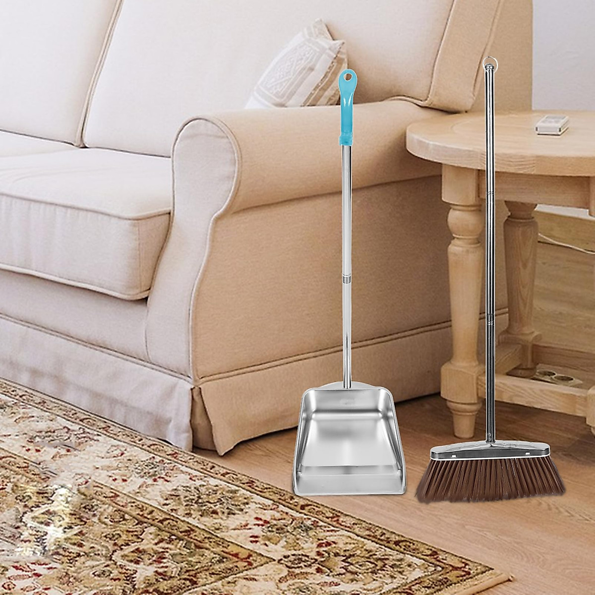 Amosfun Heavy Duty Broom and Dustpan Set, Stainless Steel Broom and Dustpan Set with Long Handle for Home Standing Dust Pan Indoor or Outdoor Brooms Dustpan