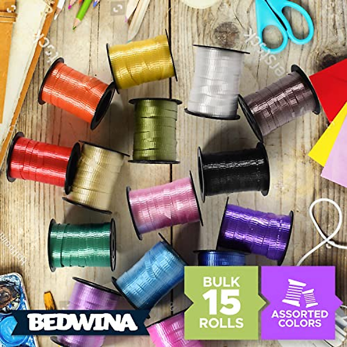 Curling Ribbon (Bulk 15 Mini Rolls) - Assorted Colors Curly Ribbon for Gift Wrapping- 2x2 inches Wide Role, Thin Craft Ribbon- Fabric Ribbon Kit for Hair, Balloons, Florists, Flowers- 60 Ft Each