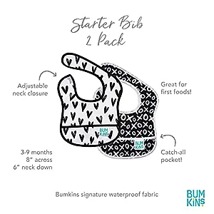 Bumkins Starter Bib, Baby Bib Infant, Waterproof Fabric, Fits Infants and Babies 3-9 Months â€“ Hearts & XOXO (2-Pack)