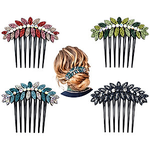 Lawie 4 Pack Luxury Jeweled Gems Crystal Rhinestone Sparkly Glitter Flower Leaf Black Plastic Side French Twist Hair Combs Long Teeth Slide Hairpins Barrettes Bun Chignon Clips Holder for Women Girl