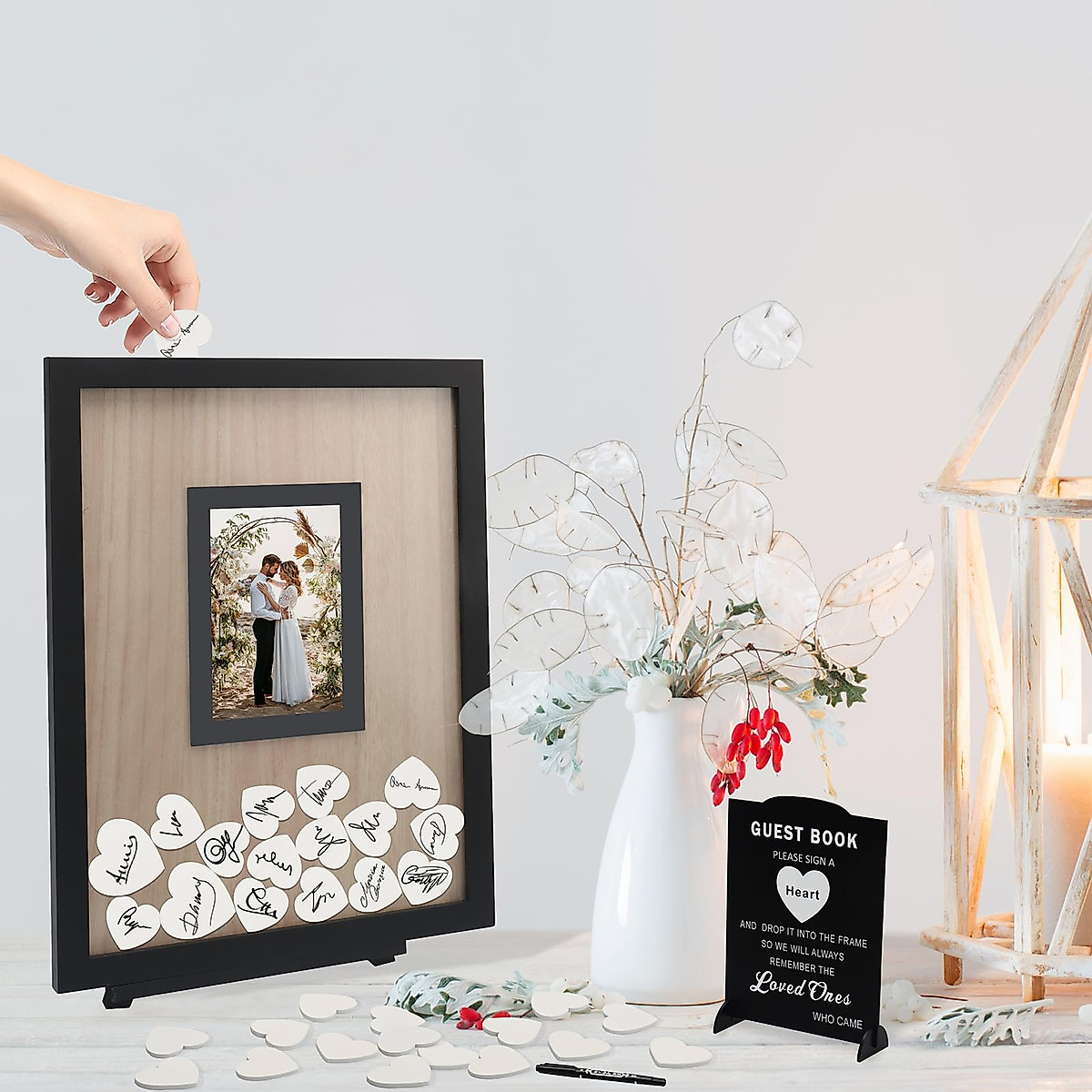 HYMENEX Wedding Guest Book Alternative, Guest Book Wedding Reception, Wedding Guest Book with Wooden Hearts Guest Book Signs for Wedding Anniversary Birthday Party Baby Shower