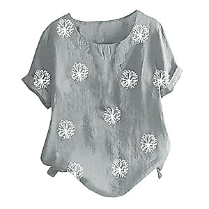 SMIDOW Cute Linen Tops for Women 2023 Summer Dandelion Print Shirts Short Sleeve Crewneck Shirt Loose Blouse Dressy Casual Spring Fashion Trends Gray XL