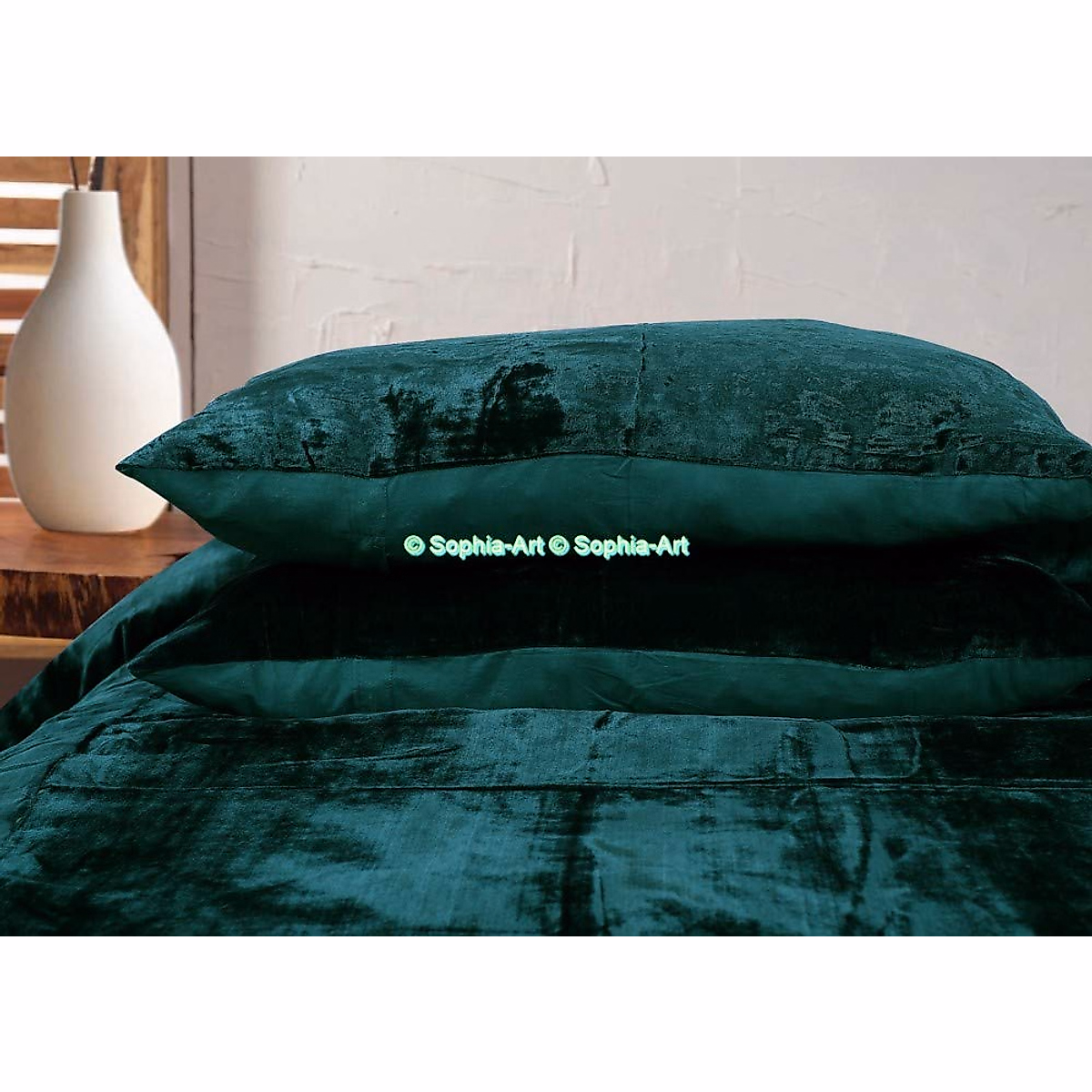 Sophia-Art 3 Pcs Ultra Luxury Rayon Velvet Bedding Boho Solid Duvet Cover UO Comforter Cover (Dark Green, King 90"x104")