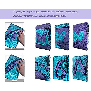 GINMLYDA Sequin Girls Journal for Kids, 8.5x5.5 Inches 160 Lined Pages Diary for Girls Butterfly Reversible Flip Sequence Notebook for Teenage Pre School Writing Drawing Travel Gifts (Purple- Blue)