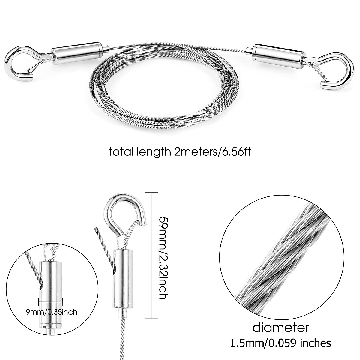 SIDENUO Adjustable Picture Hanging Wire 2PCS Mirror Frame Kit 2m x1.5mm Heavy Duty Stainless Steel Wire Rope for Mirror Hanging Hardware, Light Lamp, Billboards,Basket Flowerpot Hold Up to 20kg