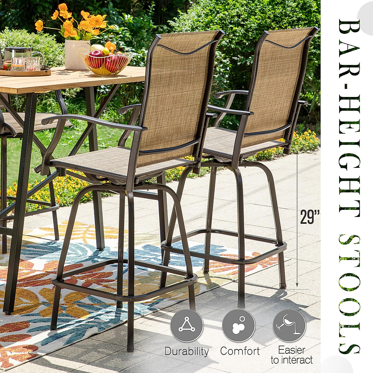 Sophia & William Patio Swivel Bar Stools Set of 4, Bar Height Patio Chair, High Top Patio Chairs, Supports 300 lbs (Brown Fabric)