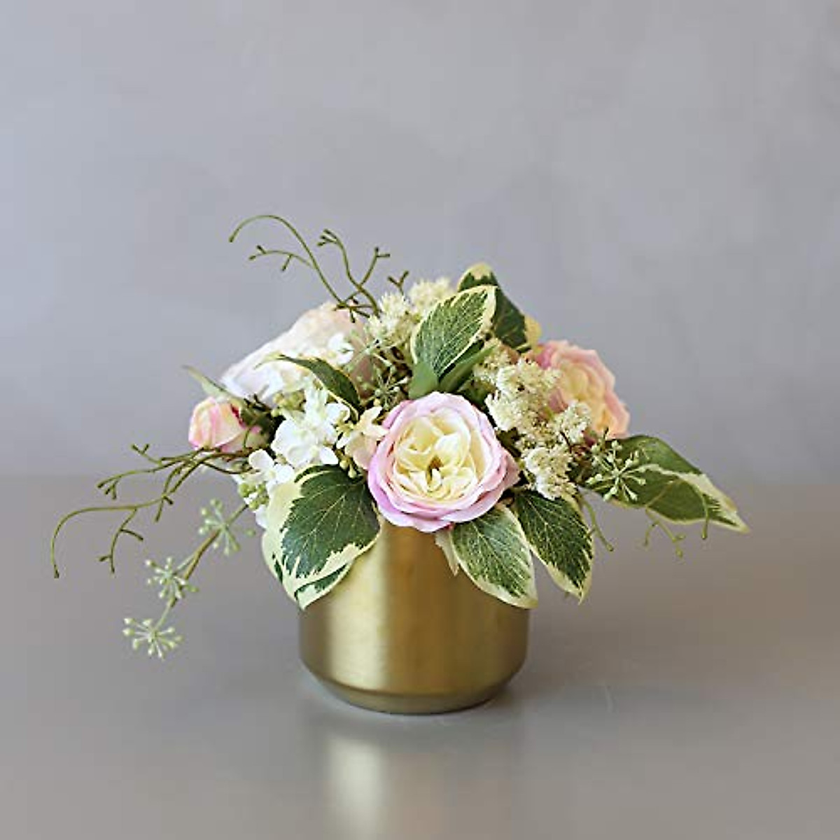 G Home Collection Greenery Leaves with Roses Floral Arrangement in Gold Metal Vase