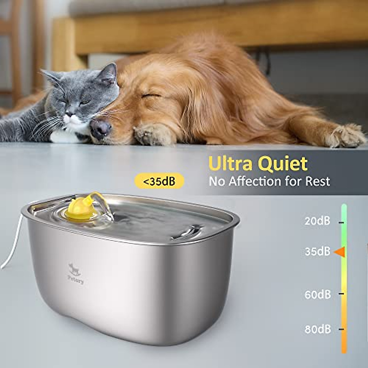 Petory - Automatic Stainless Steel Pet Water Fountain, Water Dispenser with 2 Replacement Filters, 2.1L/71oz BPA-Free, for Cats Inside with Adjustable Water Flow