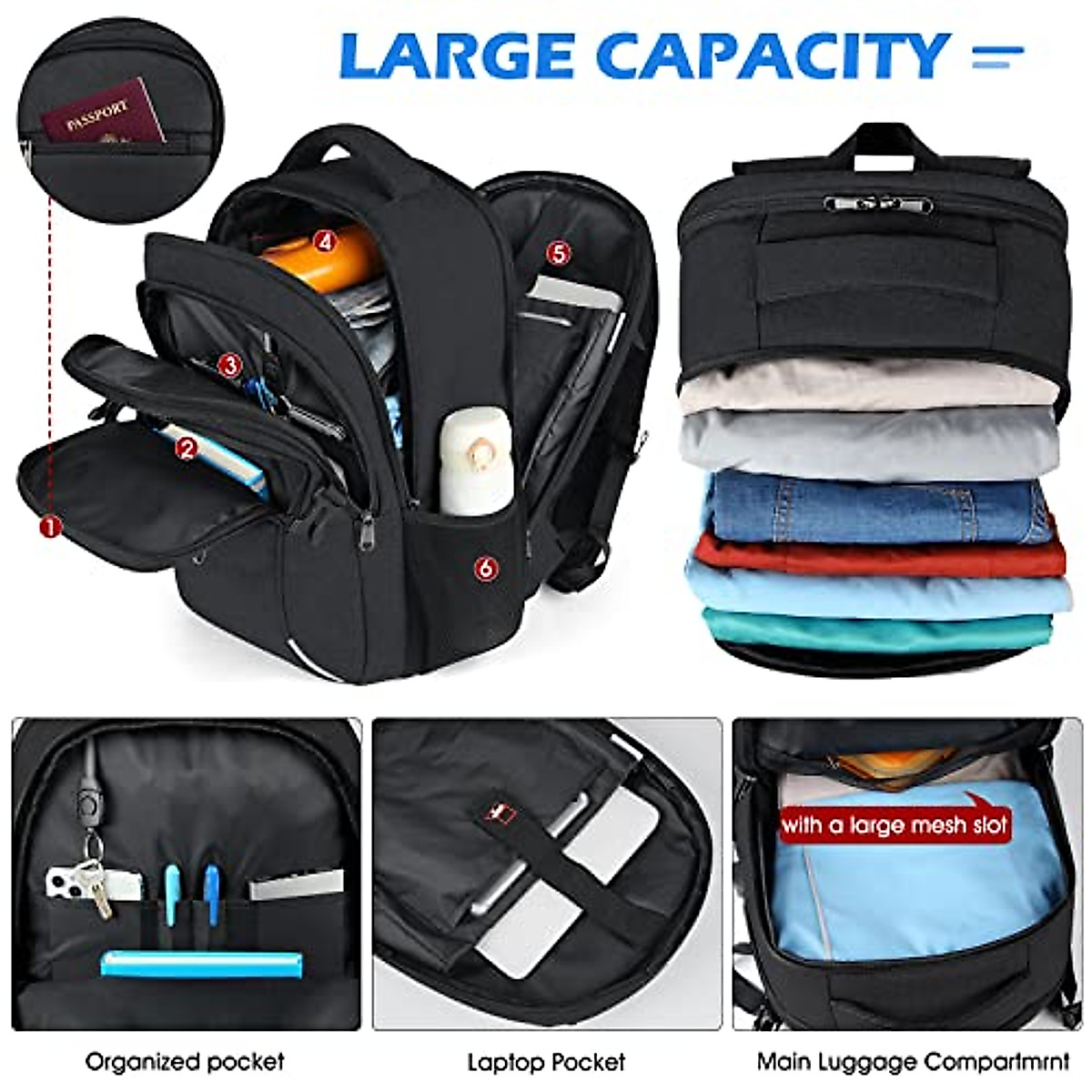 IGOLUMON Laptop Backpack 15.6 Inch Travel Backpack Waterproof Computer Backpack Large Work College Backpack Bookbag for Men Women TSA Friendly Carry On Backpack with USB Charging Port, Black