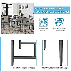 Harper & Bright Designs 6 Piece Wooden Dining Table Set,Kitchen Table Set with 4 Upholstered Chairs and Bench,Farmhouse Rustic Style Dining Room Table Set,Antique Graywash+Linen