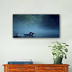 Canvas Wall Art Pair of Loons on Foggy Pond Painting Poster Print Pictures On Canvas Framed Giclee Artwork Ready to Hang for Home Office Wall Decor