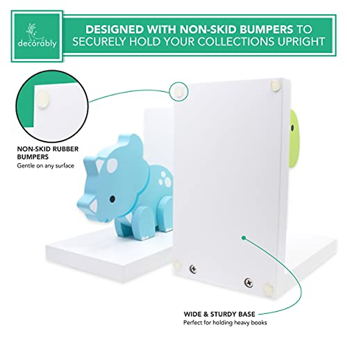 Decorably Dinosaur Bookends for Kids - Kids Bookends, Kids Book Ends for Boys Room, Cute Book Ends for Kids Room, Boy and Girl Bookends, Kid Book Ends, Child Bookends, Nursery Bookends for Baby Room