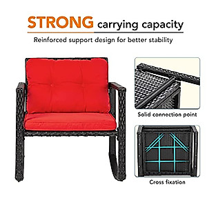FDW Wicker Furniture Outdoor Conversation Sets Rattan Rocking Chairs with Red Cushions and Glass Coffee Table for Patio Porch Backyard Balcony Poolside Garden