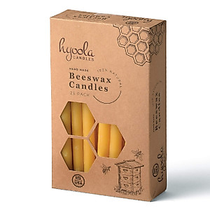 Hyoola Thin Beeswax Taper Candles - 25 Pack - Handmade, All Natural, 100% Pure Scented Bee Wax Candle - Tall, Decorative, Golden Yellow - 6” Tall - Handmade in The USA