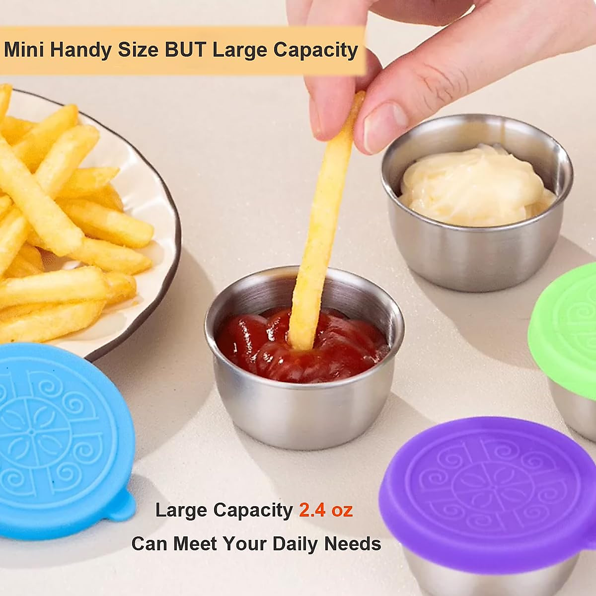 IJDD 6 Pack Salad Dressing Container To Go 2.4oz Small Condiment Containers with Leakproof Silicone Lids Reusable Stainless Steel Sauce Cups for Office Lunch Bento Box Picnic Meal Prep Travel Party