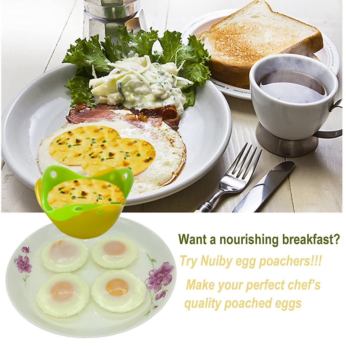 Silicone Egg Rings Round - NUIBY Non Stick Fried Egg Mold - Pancakes Maker Molds - Breakfast Egg Sandwich Cooker Maker - 4 Pack 4 Color, with Bonus 1 Spray Brush or 2 Egg Poachers or Both