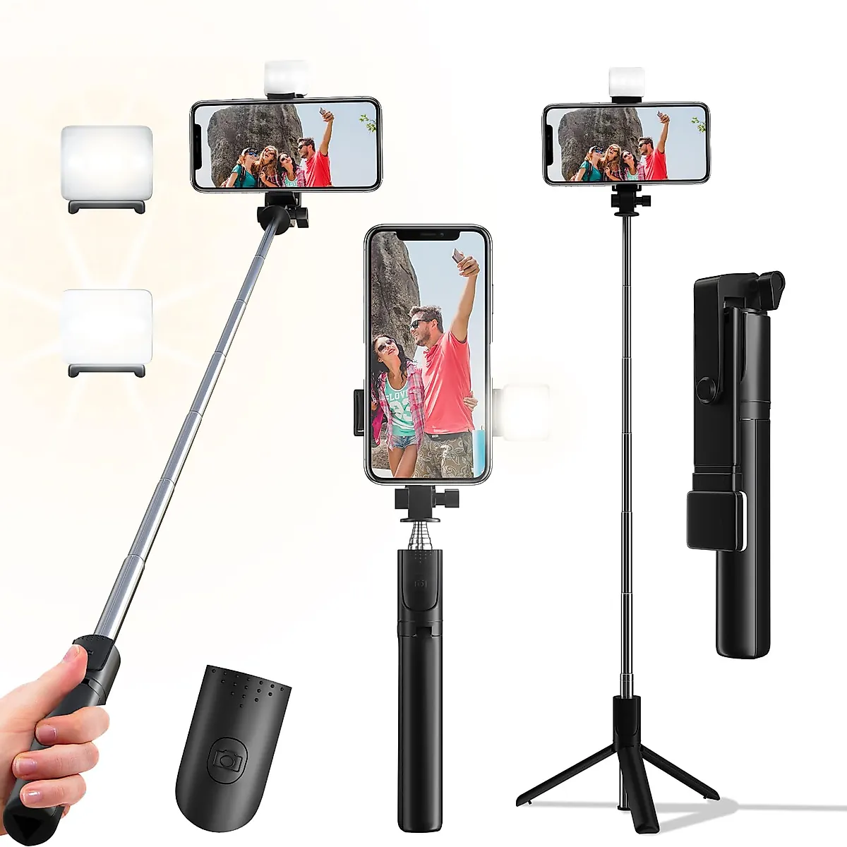 Selfie Stick, 40 in Retractable Phone Tripod with Wireless Remote Control & Light, Portable Selfie Stick Tripod for Photograph, Live Streaming, Video Recording, Compatible with All Cellphones