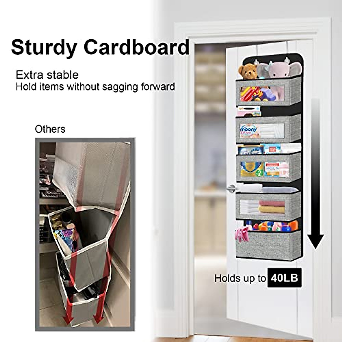 JAYSDAYLY Over the Door Hanging Organizer Storage with 5 Large Pockets,Wall Mount Pantry Organizers with Clear Windows and 2 Metal Hooks for Toilet,Bathroom,Closet,Nursery,Diapers