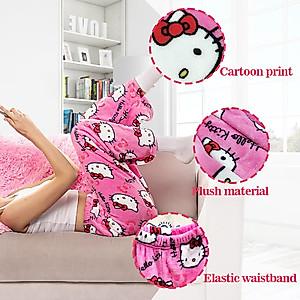 TONYOPT Anime Pajamas for Women Girls Cute Cartoon Cat Print Flannel Christmas Halloween Kawaii Casual Sleep Pajama Pants(M,Rose red)