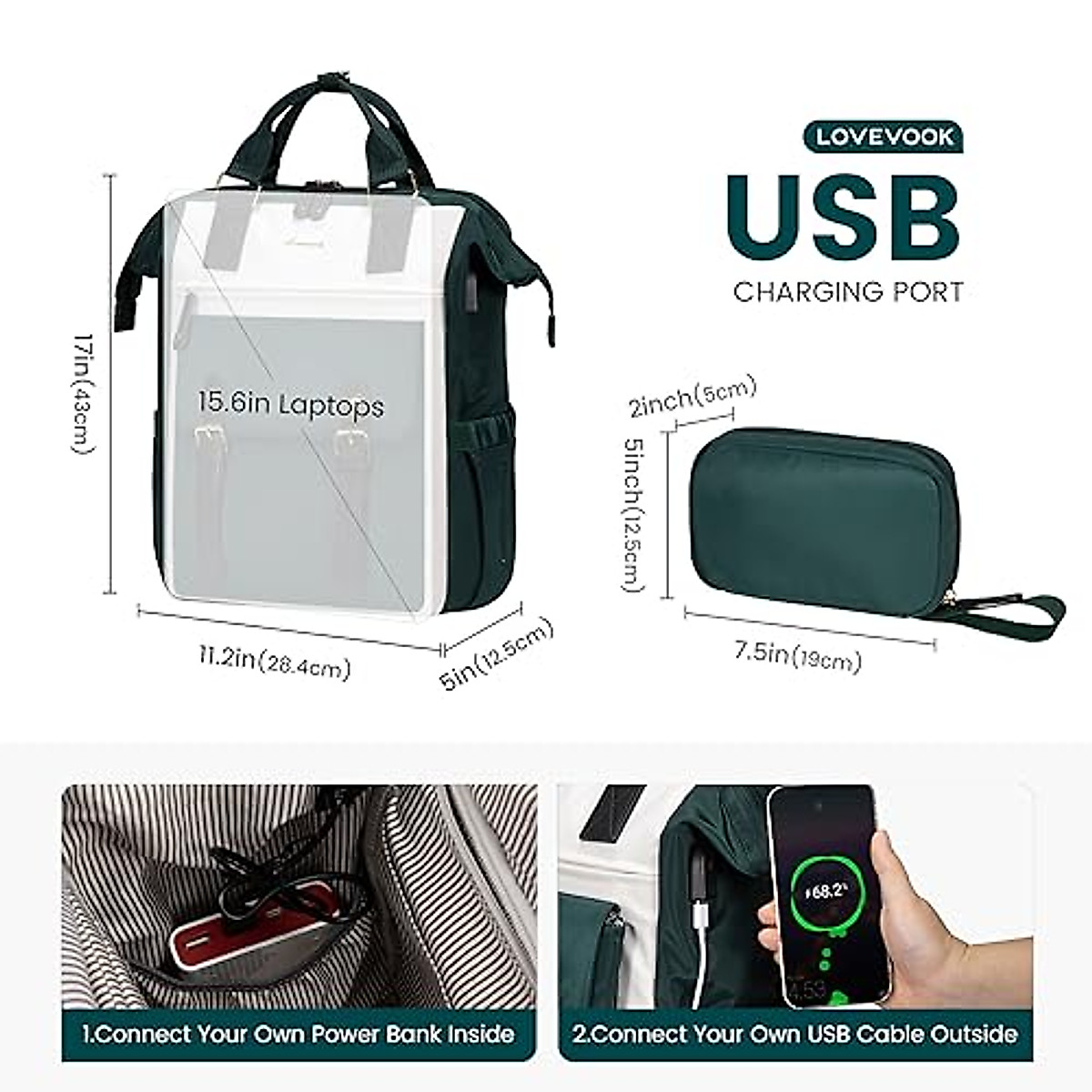 LOVEVOOK Laptop Backpack for Women, Teacher Nurse Bag Work Travel Computer Backpacks Purse,Water Resistant Daypack with USB Charging Port,Beige Green 15.6in