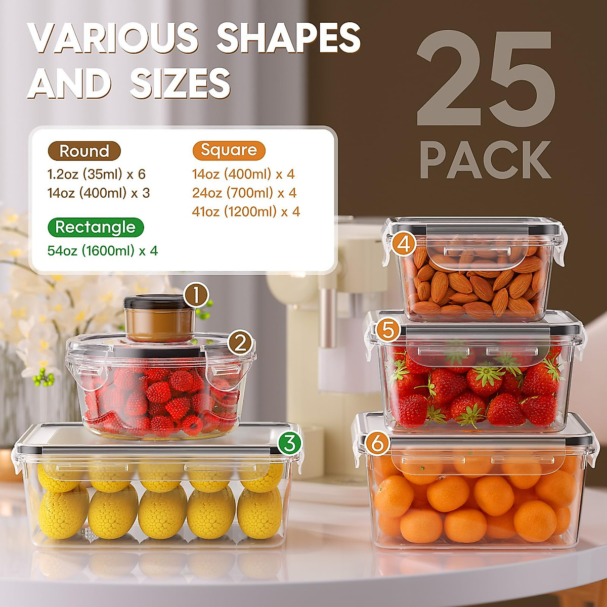 KEMETHY 50 PCS Food Storage Containers with Lids Airtight, Extra Large to Small Containers-Total 581.2oz, Kitchen Organization, Stackable, BPA-Free, Leak-Proof, Labels & Marker Pen