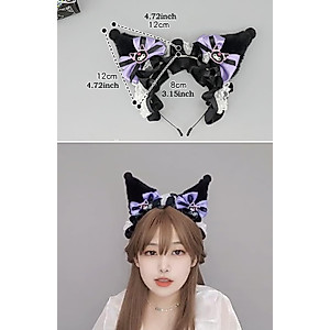WW-WONDERFULWORLD Cat Ears Headband With Bows & Lace Ribbons, Lolita Headwear for Kuromi Cartoon Costume Cosplay Party for Kids & Women Girls Kids, (Soft Faux Fur Plush Fox Ears), KLM