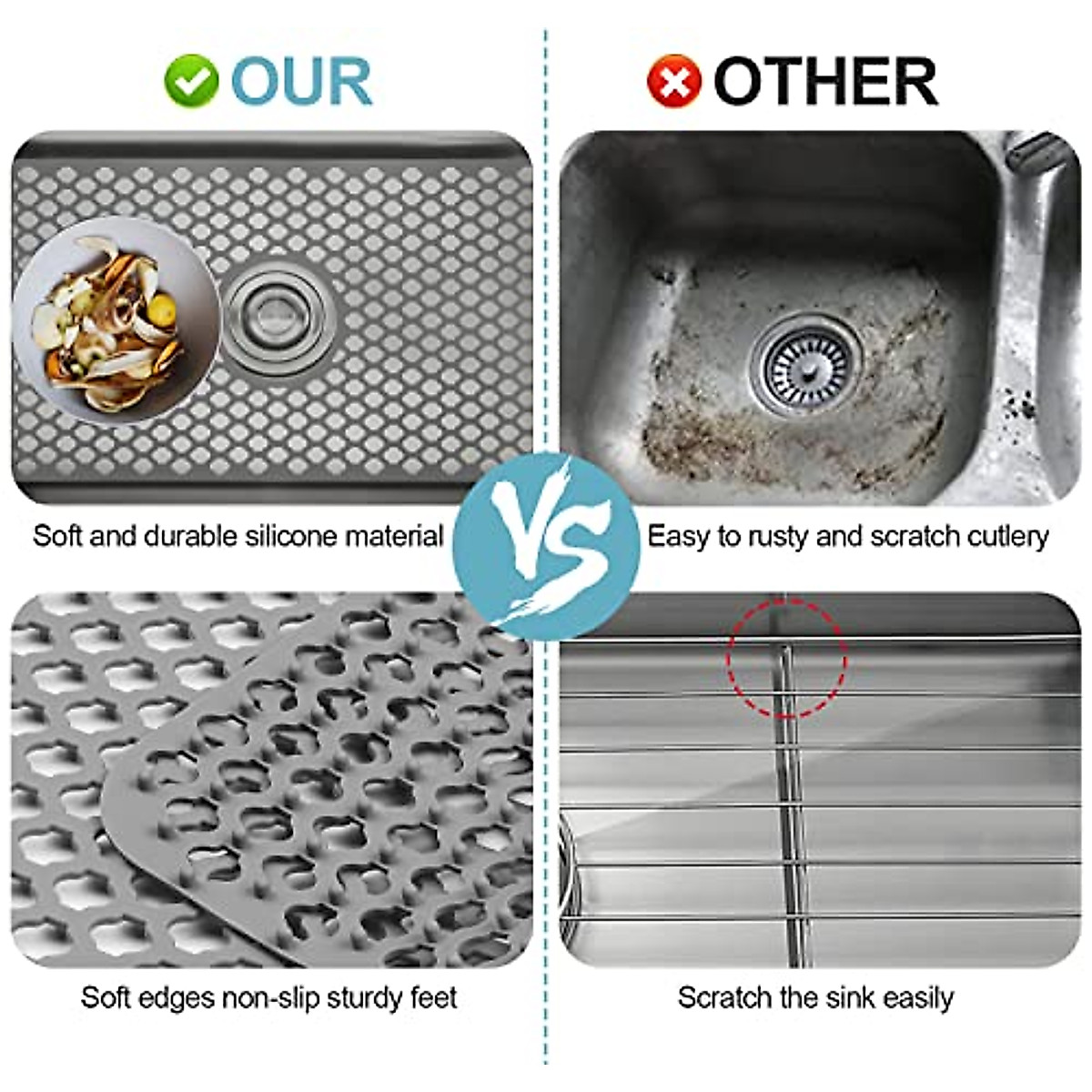 Silicone Sink Protectors for Kitchen - UFU Grey Silicone Sink Mat Grid Accessory with Center Drain, Kitchen Sink Protector（24.8"x 12.9"）