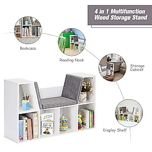 Costzon 6-Cubby Kids Bookcase w/Cushioned Reading Nook, Multi Purpose Storage Organizer Cabinet Shelf with Soft Cushion and Thick Wood Board for Children Girls & Boys Bedroom Decor Room (Modern White)
