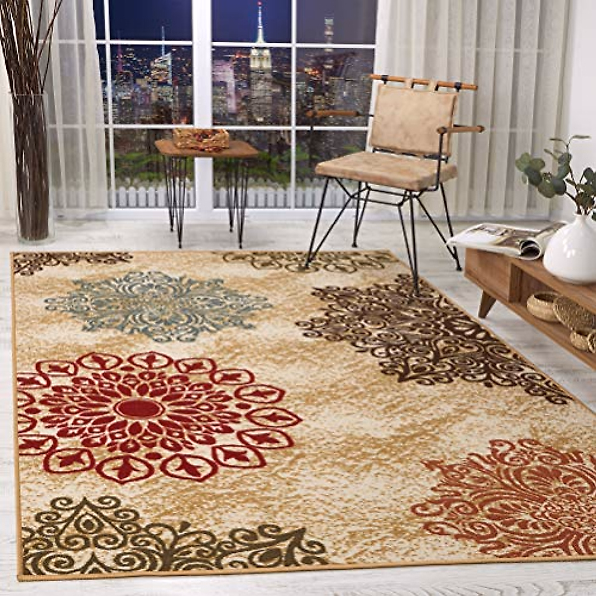 Antep Rugs Alfombras Modern Floral 5x7 Non-Skid (Non-Slip) Low Profile Pile Rubber Backing Indoor Area Rugs (Beige, 5' x 7')