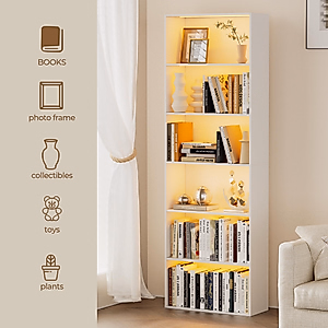 Homhedy 6 Tier Bookcase with LED Lights, 71" H Tall Open Bookshelf, Wooden Display Storage Shelves for Home Office, Living Room, Bed Room,Size:23.6" W x 71.2" H x 9.4" D, White