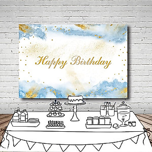 MEHOFOND 7x5ft Happy Birthday Backdrop Boys 1st Birthday Party Decorations Light Blue Watercolor Clouds Photography Background Gold Glitter Pastel Rainbow Bday Banner Cake Smash Table Supplies