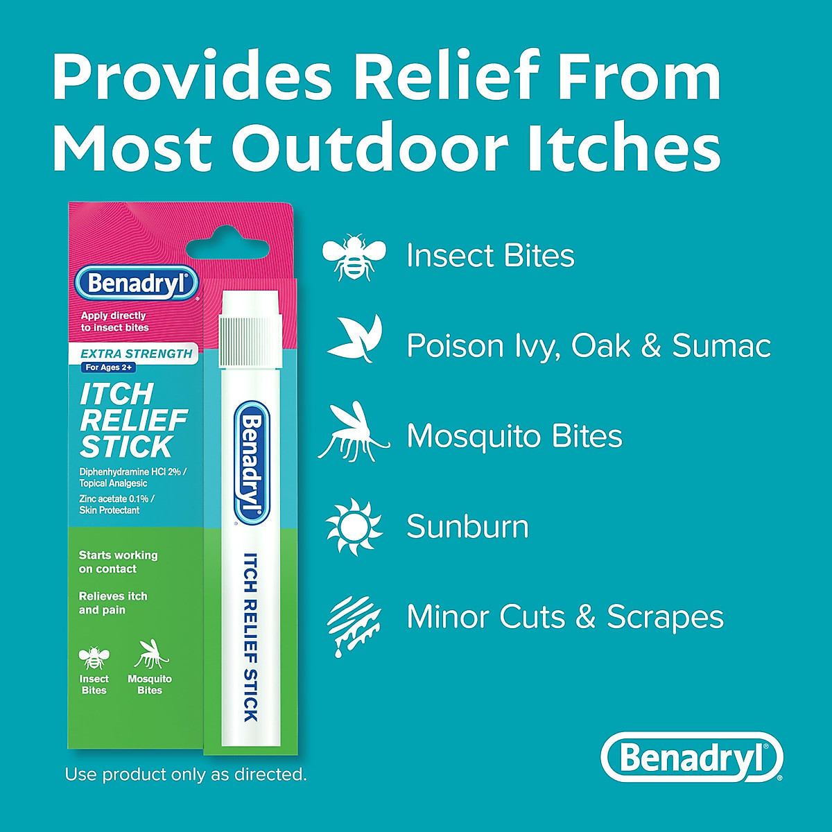 Benadryl Extra Strength Anti-Itch Relief Stick, Bug Bite Itch Relief, Diphenhydramine HCl Topical Analgesic & Zinc Acetate Skin Protectant, Great for Camping Essentials, 0.47 fl oz (Pack of 3)