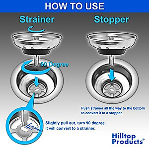2 Pack - Kitchen Sink Strainer and Stopper Combo Basket Replacement for Standard 3-1/2 inch Drain, Stainless Steel Basket with Plastic Knob, Rubber Stopper Bottom - Hilltop Products