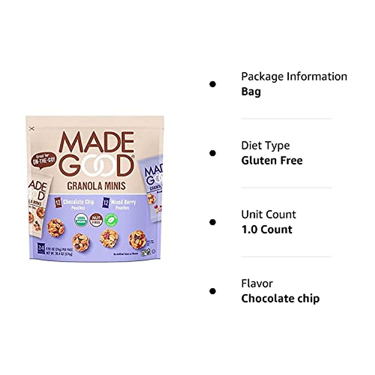 MadeGood Organic Granola Minis 24-Bag Organic Snack Variety Pack, Gluten Free Mon GMO Vegan Nut Free Individually Wrapped Snack Packs