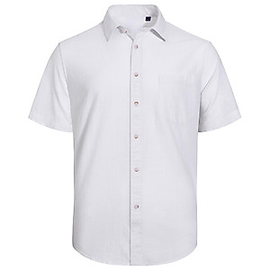 J.VER Men's Half Sleeve Linen Shirt Solid Casual Button Down Shirts Summer Beach T-Shirt with Pocket White X-Large